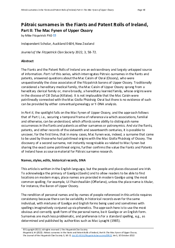 (PDF) Mac Fynen Surnames in Upper Ossory Records