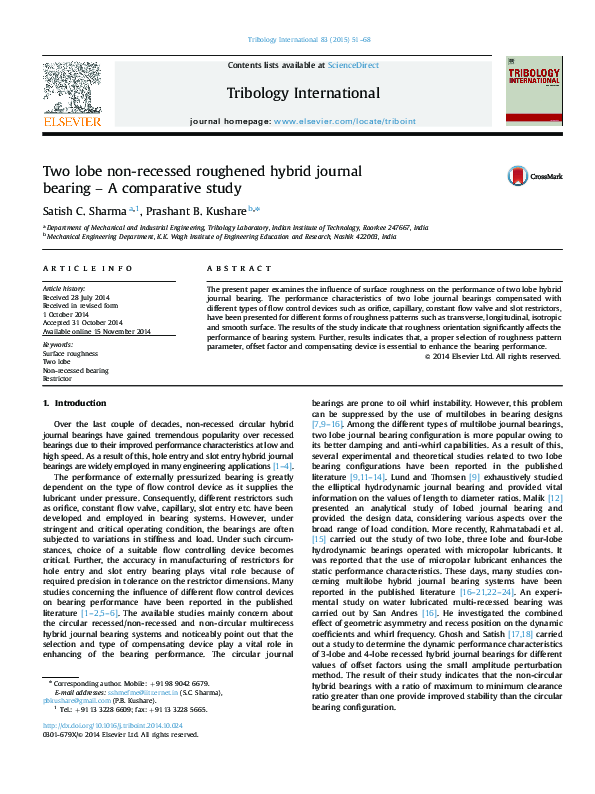 (PDF) Two lobe non-recessed roughened hybrid journal bearing – A ...