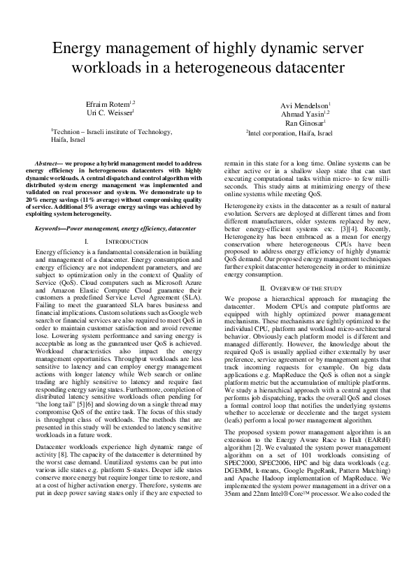 Pdf Energy Management Of Highly Dynamic Server Workloads In An Heterogeneous Data Center