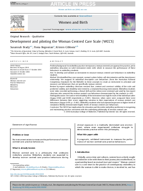 (PDF) Development and piloting the Woman Centred Care Scale (WCCS)