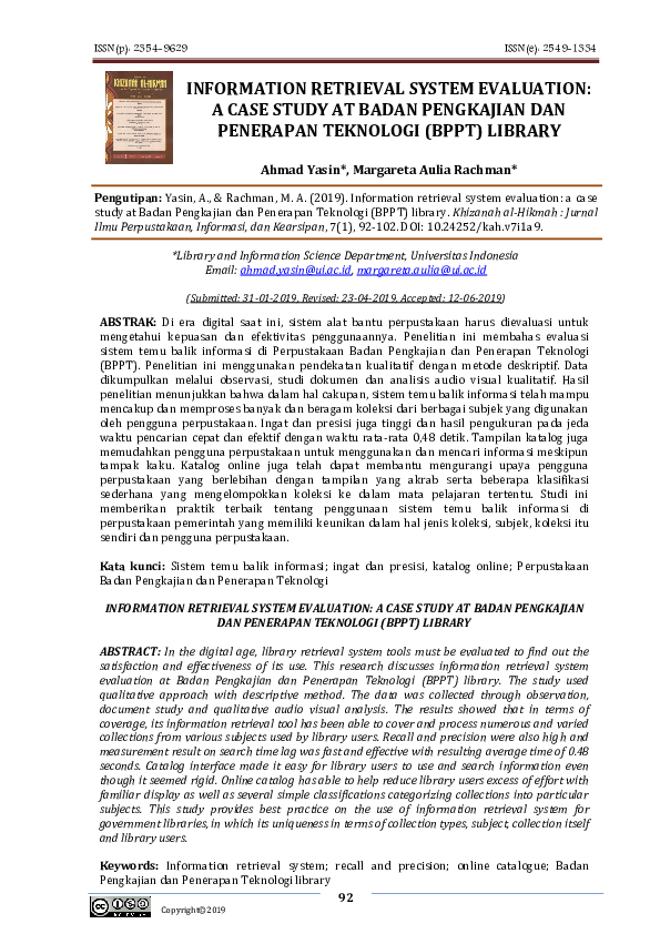 (PDF) Information Retrieval System Evaluation: A Case Study at Badan Pengkajian dan Penerapan ...