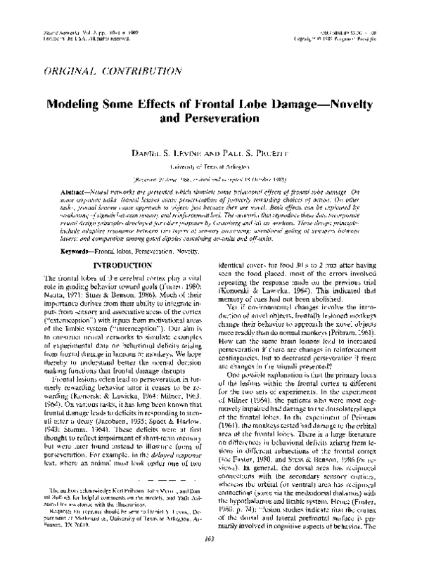 (PDF) Modeling some effects of frontal lobe damage—Novelty and perseveration | Paul Prueitt ...