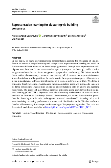 (PDF) Representation learning for clustering via building consensus