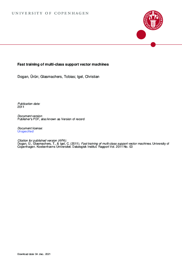 (PDF) Fast Training of Multi-Class Support Vector Machines | urun dogan - Academia.edu