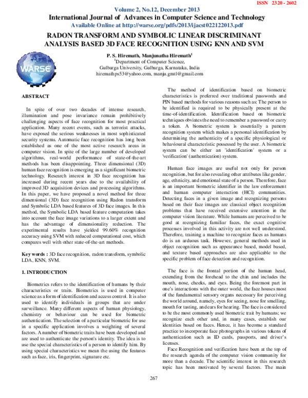 (PDF) Radon Transform and Symbolic Linear Discriminant Analysis Based 3D Face Recognition Using ...