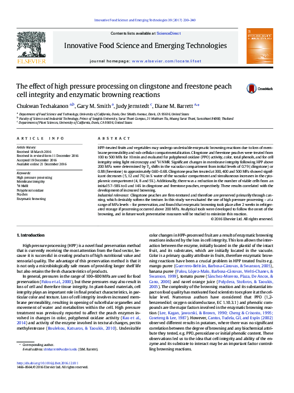 (PDF) The effect of high pressure processing on clingstone and ...