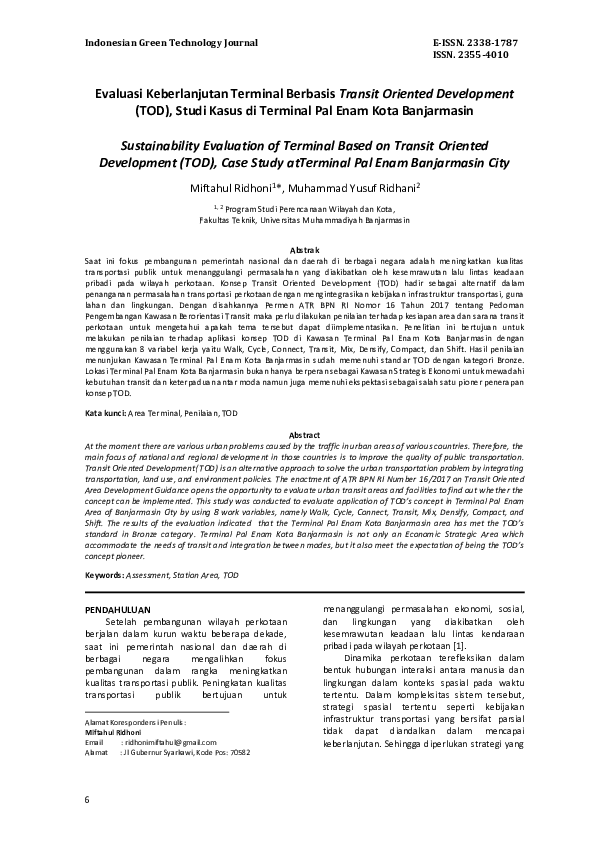 (PDF) Evaluasi Keberlanjutan Terminal Berbasis Transit Oriented Development (TOD), Studi Kasus ...