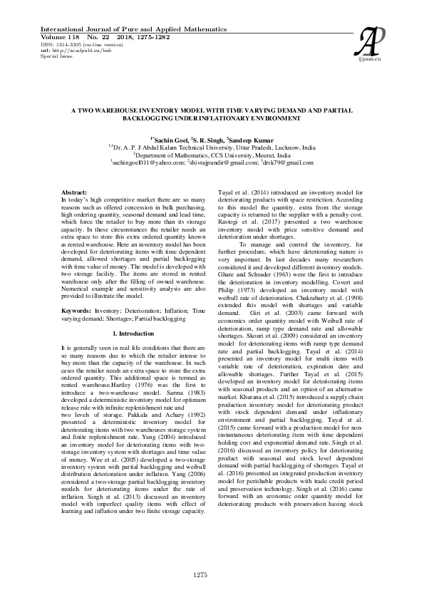 (PDF) A Two Warehouse Inventory Model with Time Varying Demand and Partial Backlogging Under ...