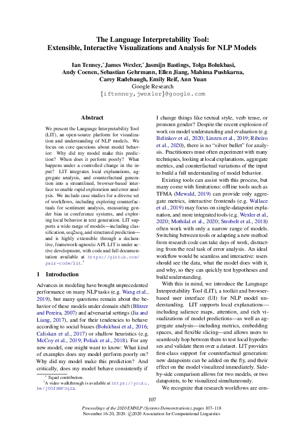 (PDF) The Language Interpretability Tool: Extensible, Interactive Visualizations and Analysis ...
