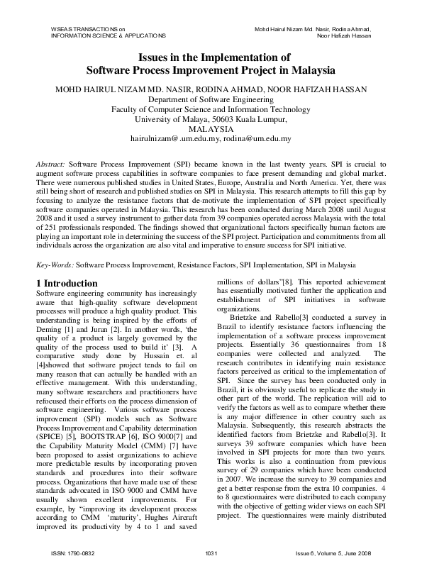 (PDF) Issues in the implementation of software process improvement project in Malaysia