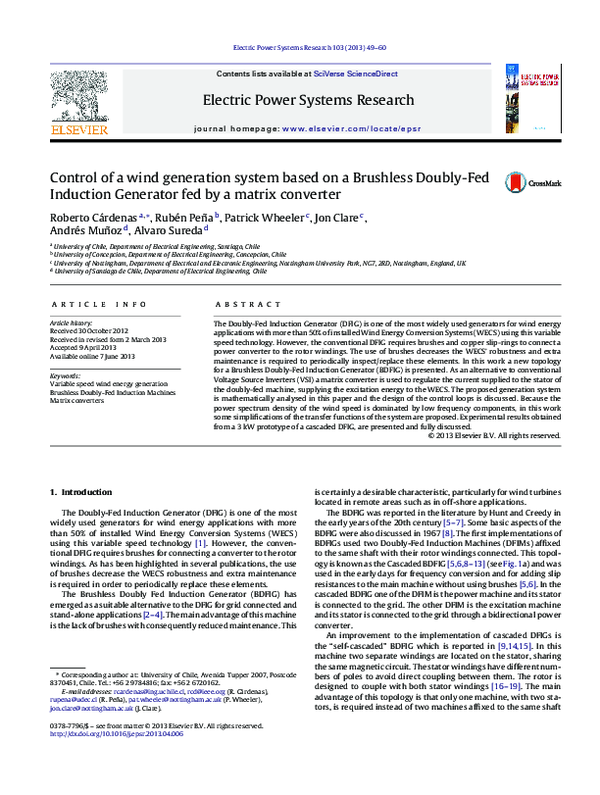 Pdf Control Of A Wind Generation System Based On A Brushless Doubly Fed Induction Generator