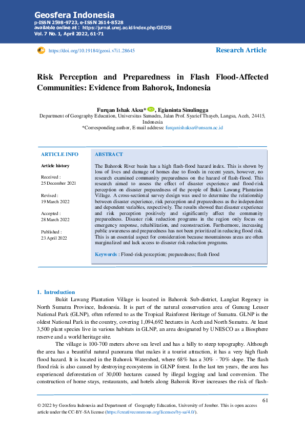 (PDF) Risk Perception and Preparedness in Flash Flood-Affected Communities: Evidence from ...