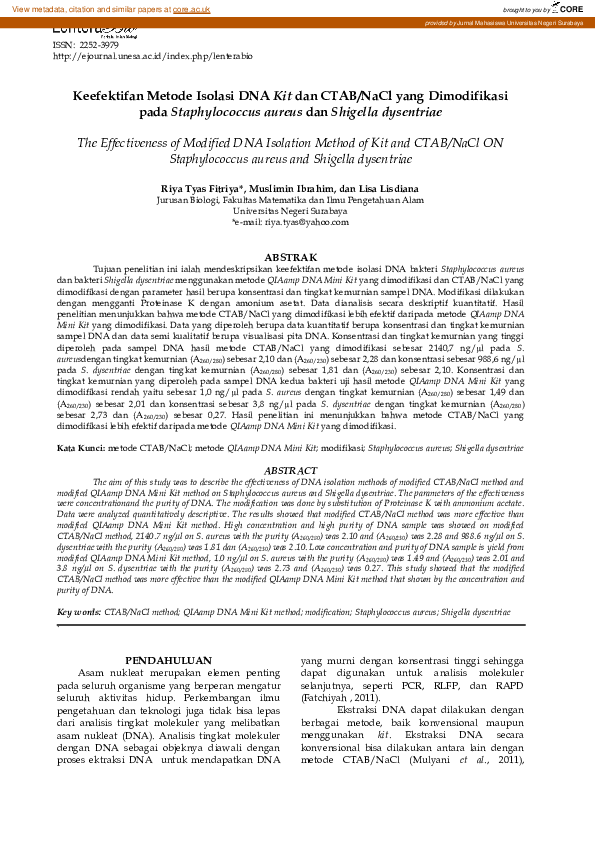 (PDF) Keefektifan Metode Isolasi DNA Kit dan CTAB/NaCl yang ...
