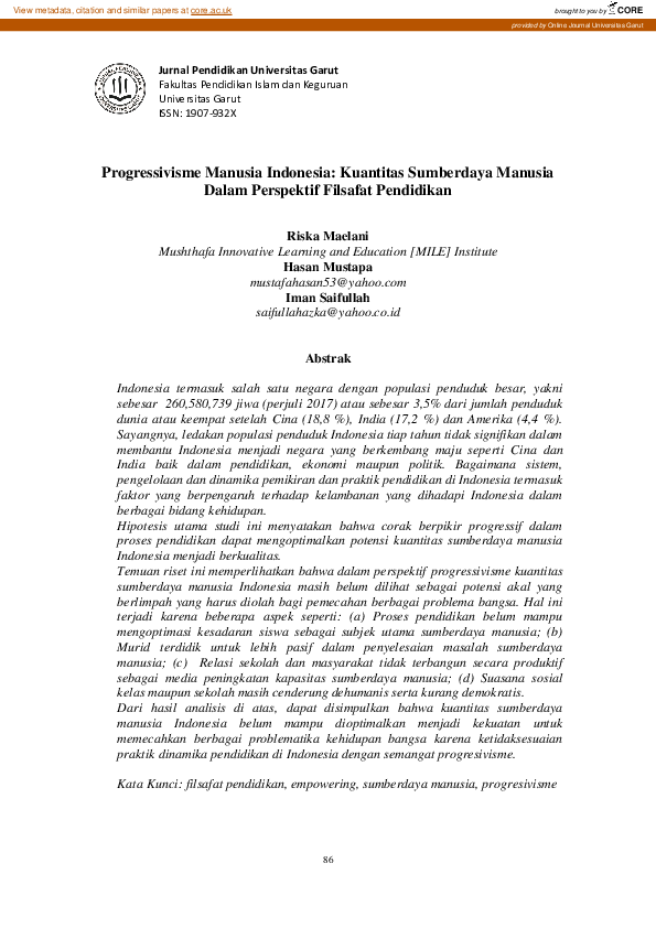 (PDF) Progressivisme Manusia Indonesia: Kuantitas Sumberdaya Manusia ...
