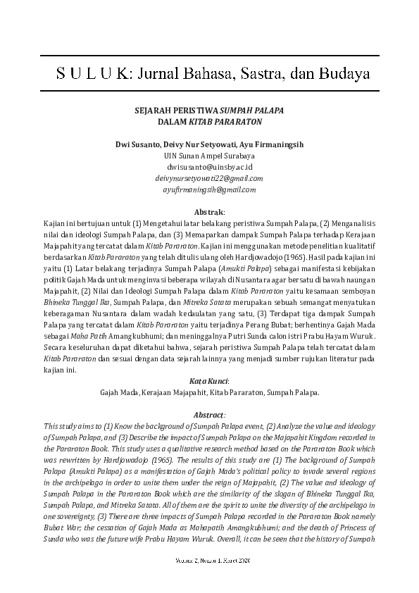 (PDF) Sejarah Peristiwa Sumpah Palapa dalam Kitab Pararaton