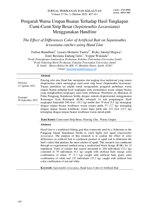 (PDF) Pengaruh Warna Umpan Buatan Terhadap Hasil Tangkapan Cumi-Cumi Sirip Besar (Sepioteuthis ...
