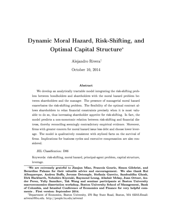 (PDF) Dynamic Moral Hazard, Risk-Shifting, and Optimal Capital ...