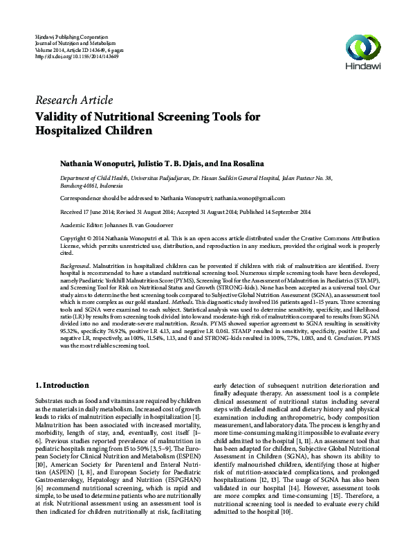 (PDF) Validity of Nutritional Screening Tools for Hospitalized Children