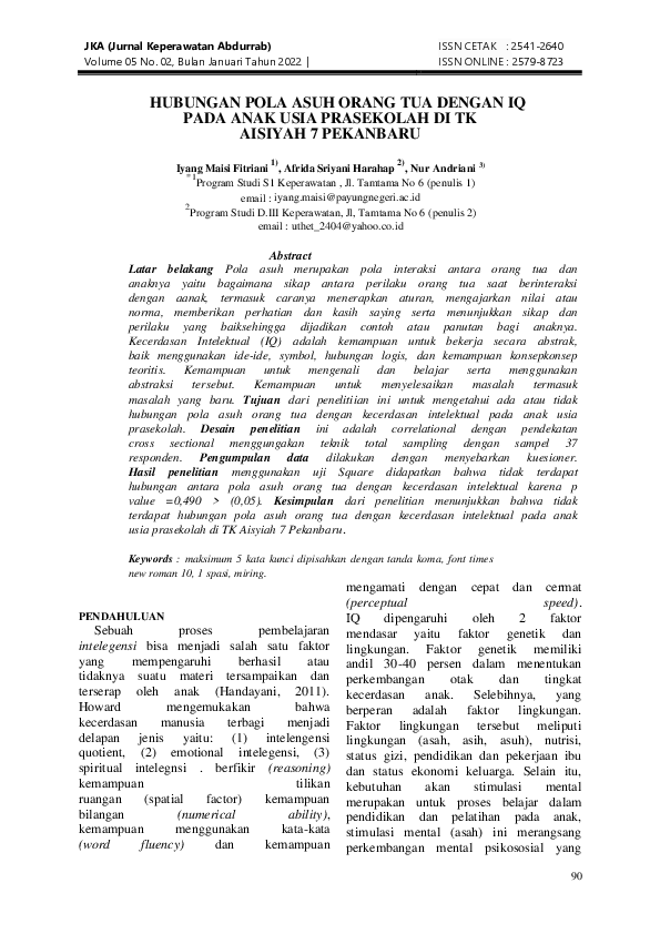 (PDF) Hubungan Pola Asuh Orang Tua Dengan Iq Pada Anak Usia Prasekolah DI TK Aisiyah 7 Pekanbaru