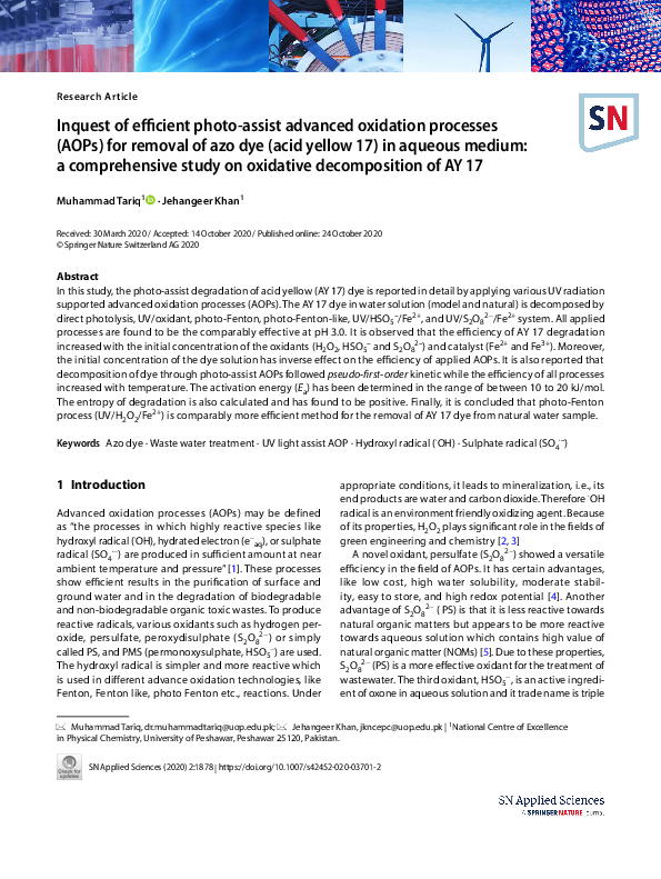 (PDF) Inquest of efficient photo-assist advanced oxidation processes (AOPs) for removal of azo ...