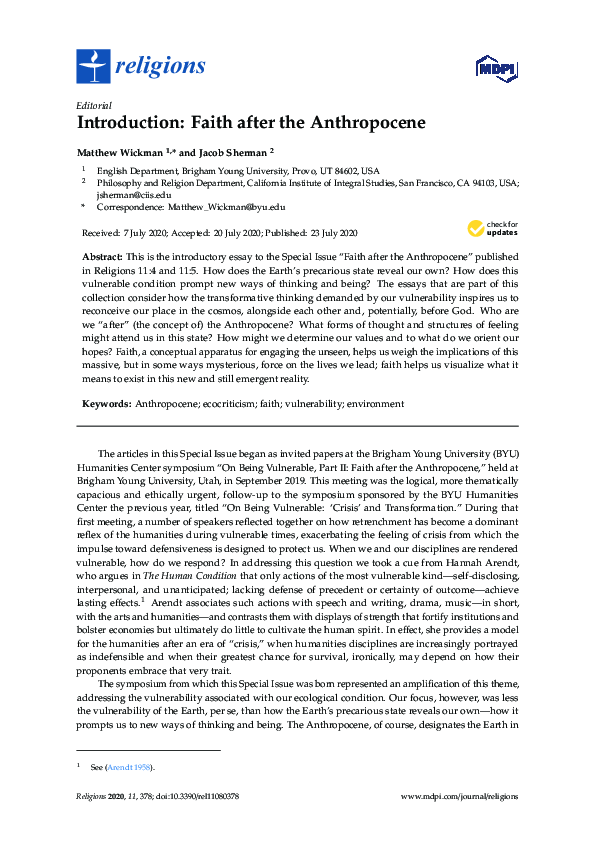 (PDF) Introduction: Faith after the Anthropocene