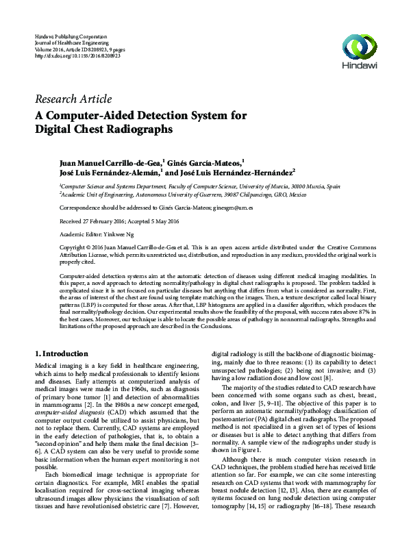 Pdf A Computer Aided Detection System For Digital Chest Radiographs