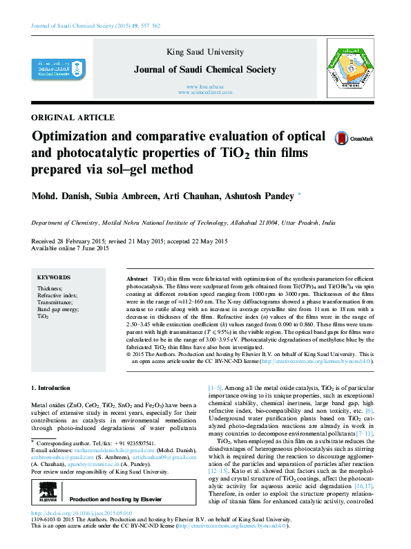 (PDF) Optimization and comparative evaluation of optical and photocatalytic properties of TiO2 ...