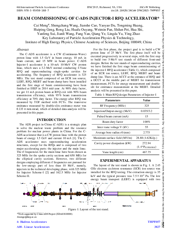 (PDF) Beam Commissioning of C-ADS Injector-I RFQ Accelerator