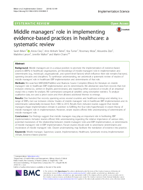 (PDF) Middle managers’ role in implementing evidence-based practices in healthcare: a systematic ...