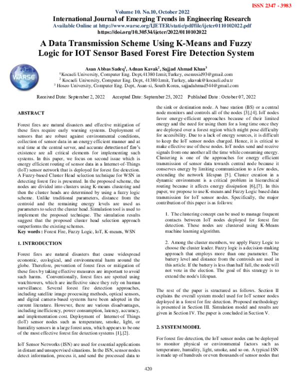 Pdf A Data Transmission Scheme Using K Means And Fuzzy Logic For Iot Sensor Based Forest Fire