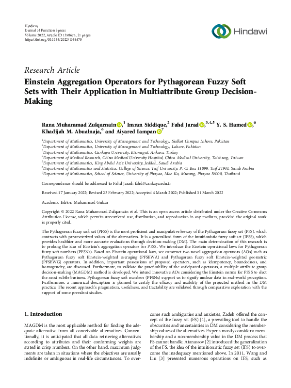 (PDF) Einstein Aggregation Operators for Pythagorean Fuzzy Soft Sets with Their Application in ...