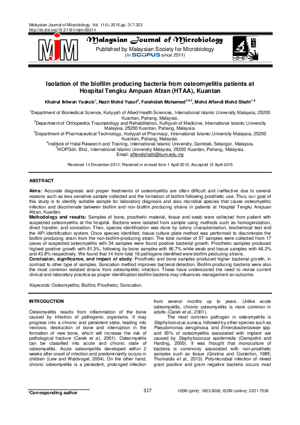 (PDF) Isolation of the biofilm producing bacteria from osteomyelitis ...