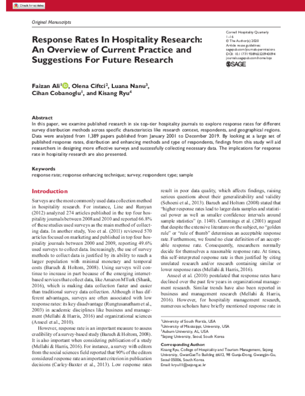 (PDF) Response Rates In Hospitality Research: An Overview of Current ...