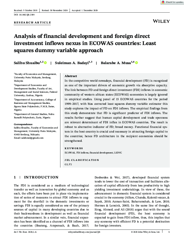 (PDF) Analysis of financial development and foreign direct investment ...