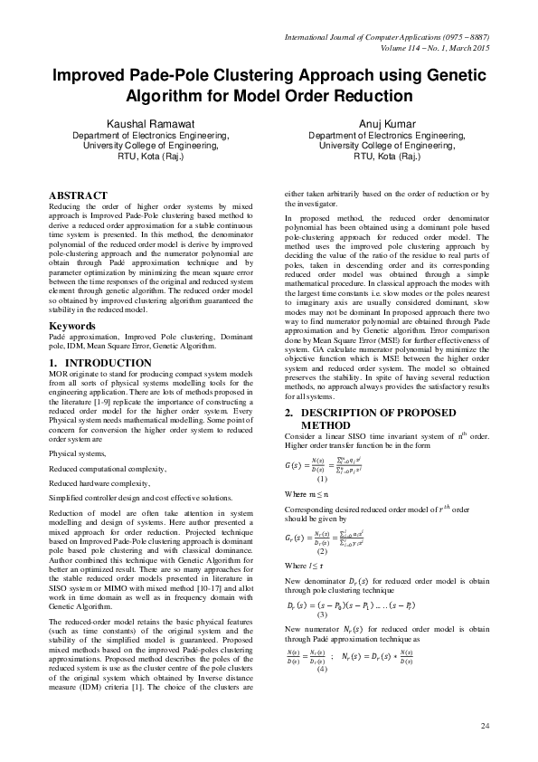 Pdf Improved Pade Pole Clustering Approach Using Genetic Algorithm