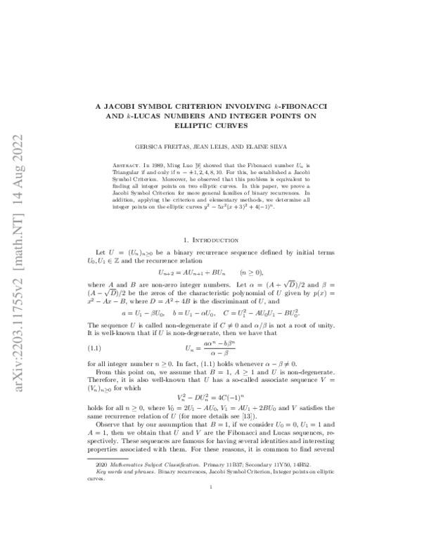 (PDF) A Jacobi Symbol Criterion Involving $k$-Fibonacci and $k$-Lucas numbers and Integer Points ...