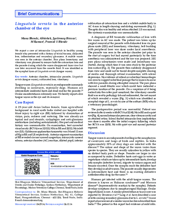 (PDF) Linguatula serrata in the anterior chamber of the eye | Dr.Pramod ...