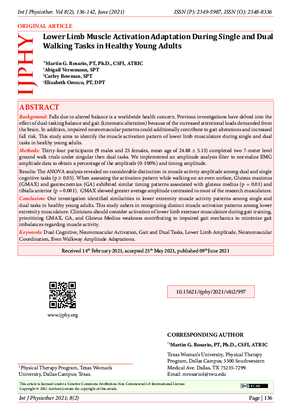 (PDF) Lower Limb Muscle Activation Adaptation During Single and Dual Walking Tasks in Healthy ...