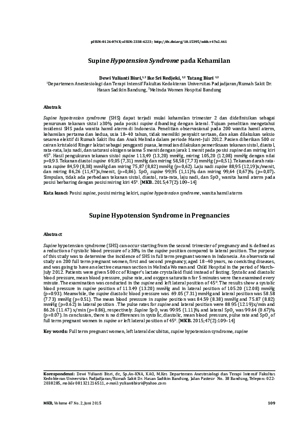 (PDF) Supine Hypotension Syndrome pada Kehamilan