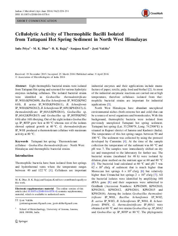 (PDF) Cellulolytic Activity of Thermophilic Bacilli Isolated from ...