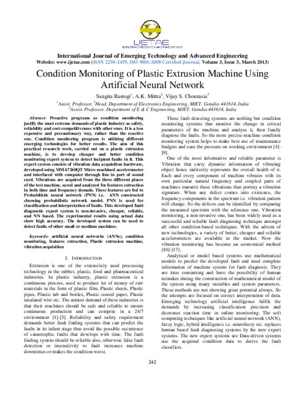 (PDF) Condition Monitoring of Plastic Extrusion Machine Using Artificial Neural Network