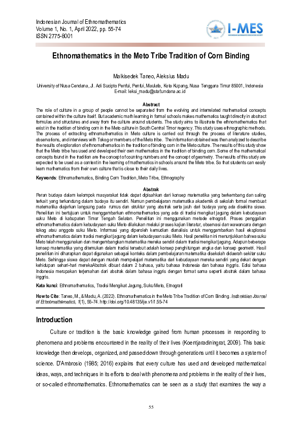 (PDF) Ethnomathematics in the Meto Tribe Tradition of Corn Binding