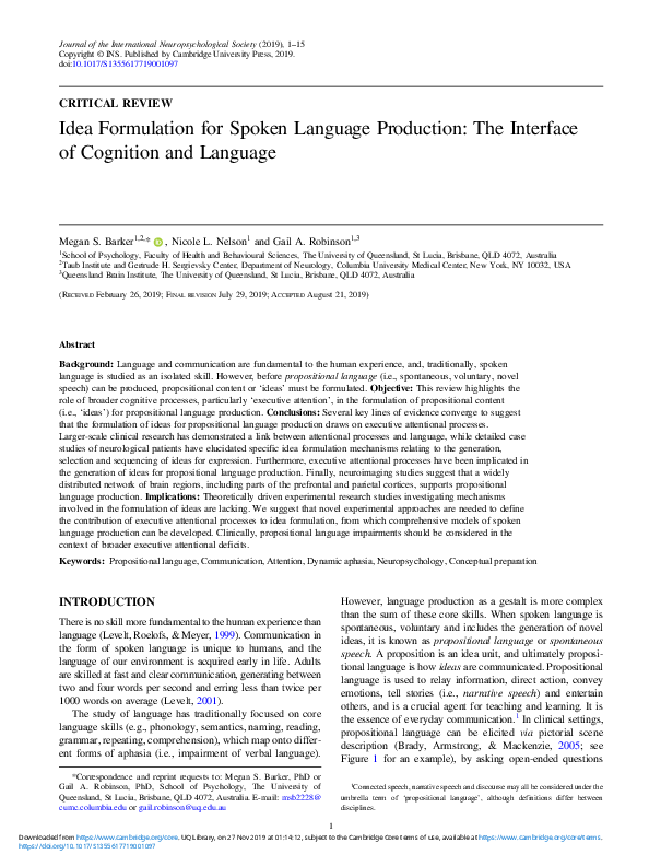 (PDF) Idea Formulation for Spoken Language Production: The Interface of ...