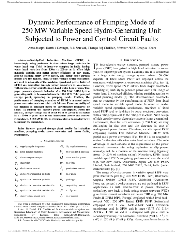 (PDF) Dynamic Performance of Pumping Mode of 250 MW Variable Speed Hydro-Generating Unit ...