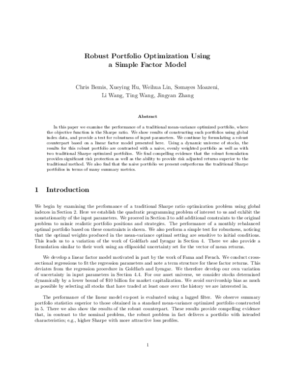 Pdf Robust Portfolio Optimization Using A Simple Factor Model Jingyan Zhang