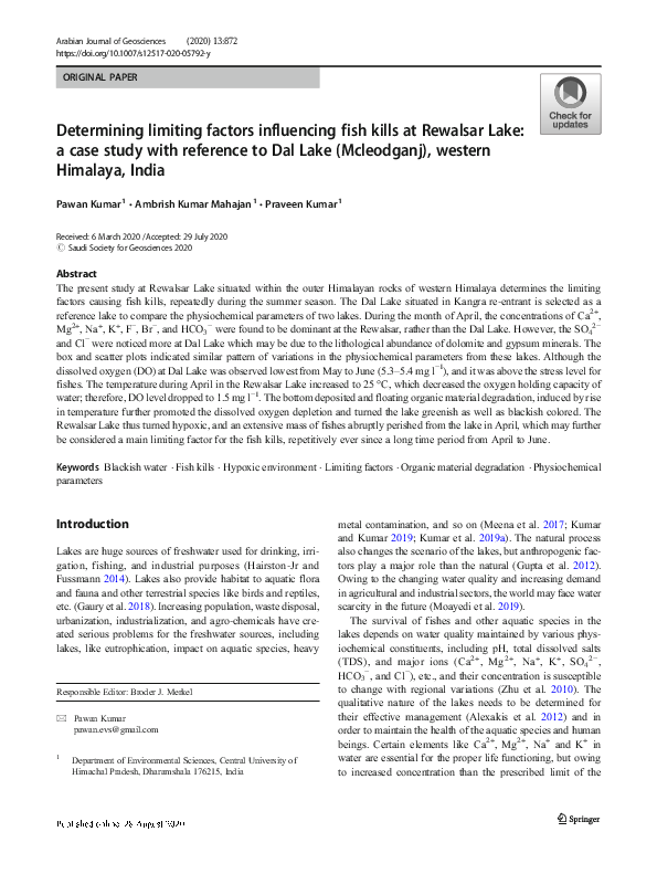 (PDF) Determining limiting factors influencing fish kills at Rewalsar ...