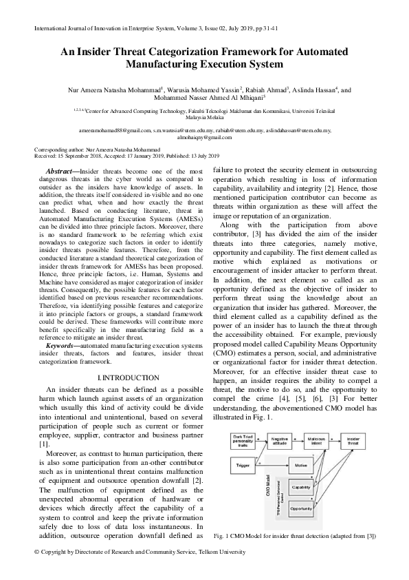 Pdf An Insider Threat Categorization Framework For Automated Manufacturing Execution System
