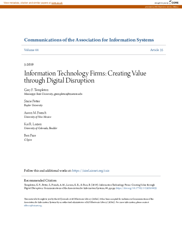 (PDF) Information Technology Firms: Creating Value through Digital Disruption