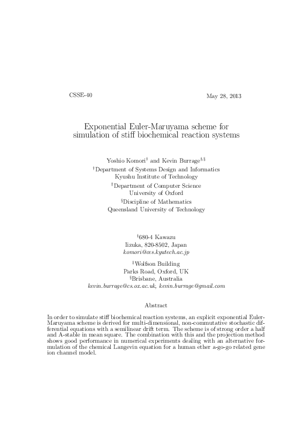 Pdf Exponential Euler Maruyama Scheme For Simulation Of Stiff Biochemical Reaction Systems