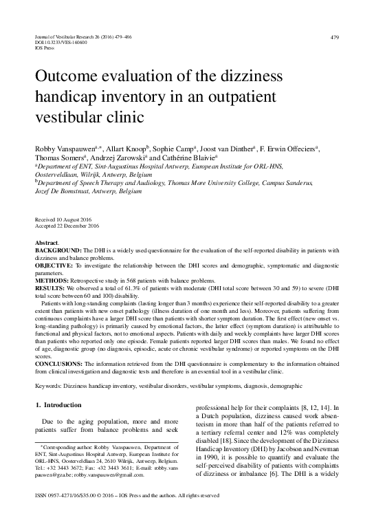(PDF) Outcome evaluation of the dizziness handicap inventory in an ...